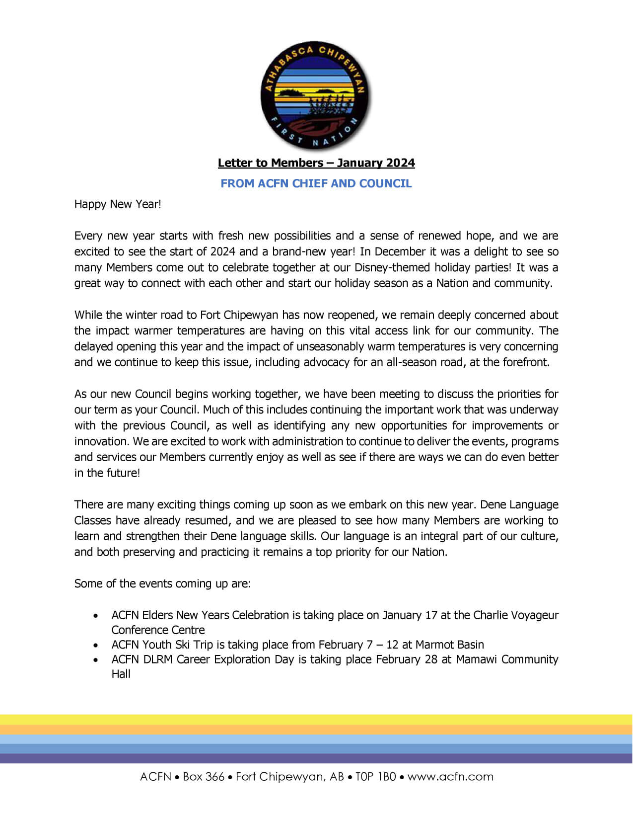 Chief and Council Letter to Members January 2024 | Athabasca Chipewyan ...